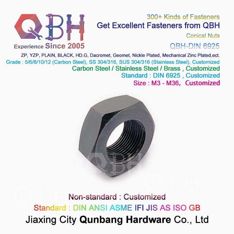 Qbh DIN6925 M3-M36 DIN 6925 Plain Black Yellow Blue Zinc Nickle Plated Hot DIP Galvanizing Dacr*Met Ge*Met Chrome Plating Wheel Hub Lock Hex Conical Nuts