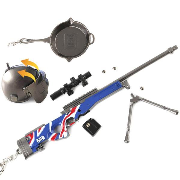 Quality AWM Game Players 3pcs Metal Gun Keychain Backpack Helmet Pan Rifle Keyring 23cm for sale