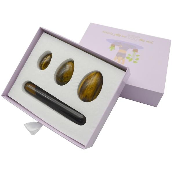 Quality 4pcs Tiger Eye Drilled Yoni Eggs And Wands Set With Box Perfect for Holidays and Stone Carving Statue Collection for sale