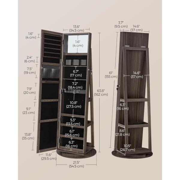 Quality Brown 360° Swivel Jewelry Cabinet Rectangle Standing Mirror With Storage for sale