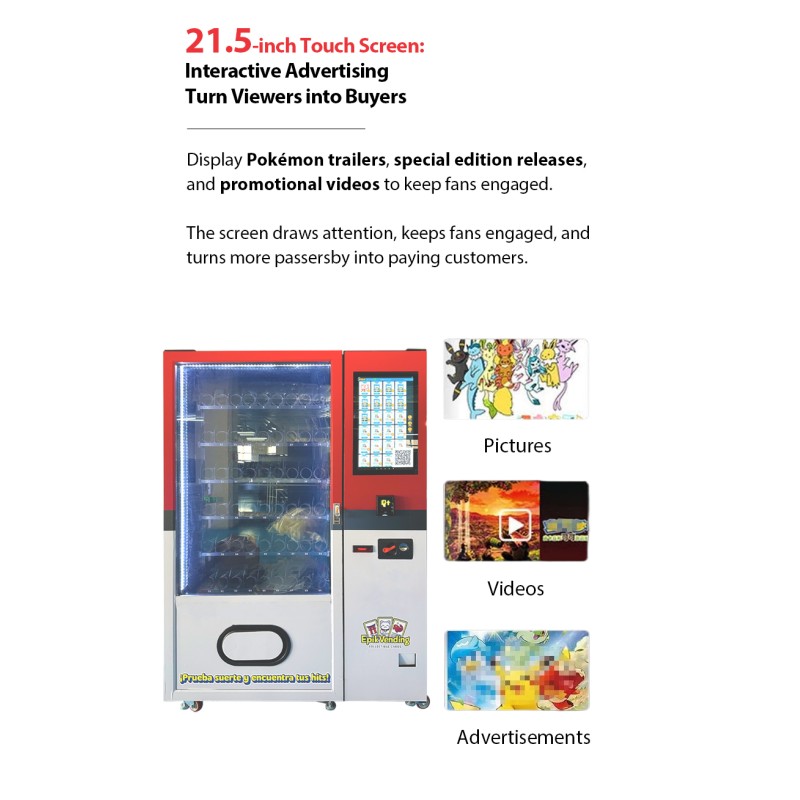 This pokemon vending machine has a 21.5-inch touch screen, customers can be attracted by the ads.