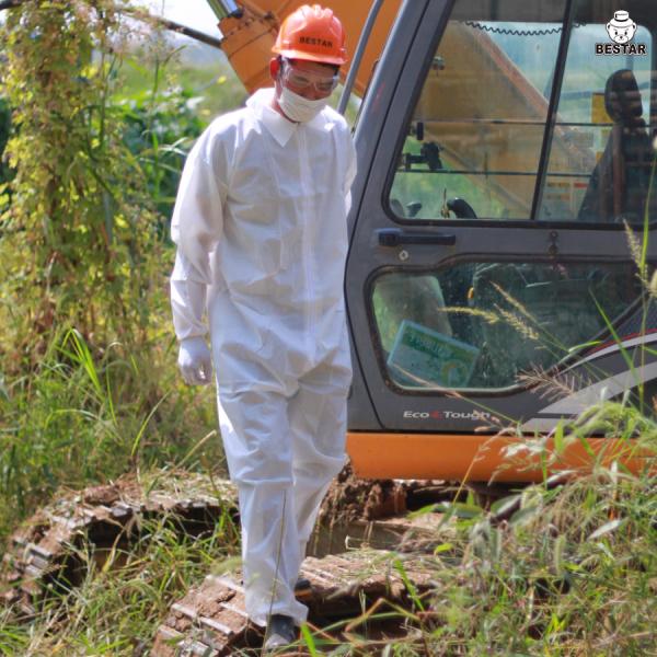 Quality CAT I disposable white microporous film coverall with hood for basic industry power for sale