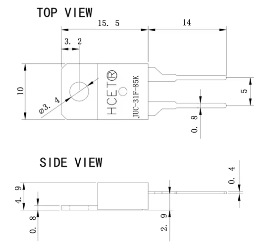 Detailed dimension diagram of JUC-31F/KSD-01F thermostat showing exact measurements