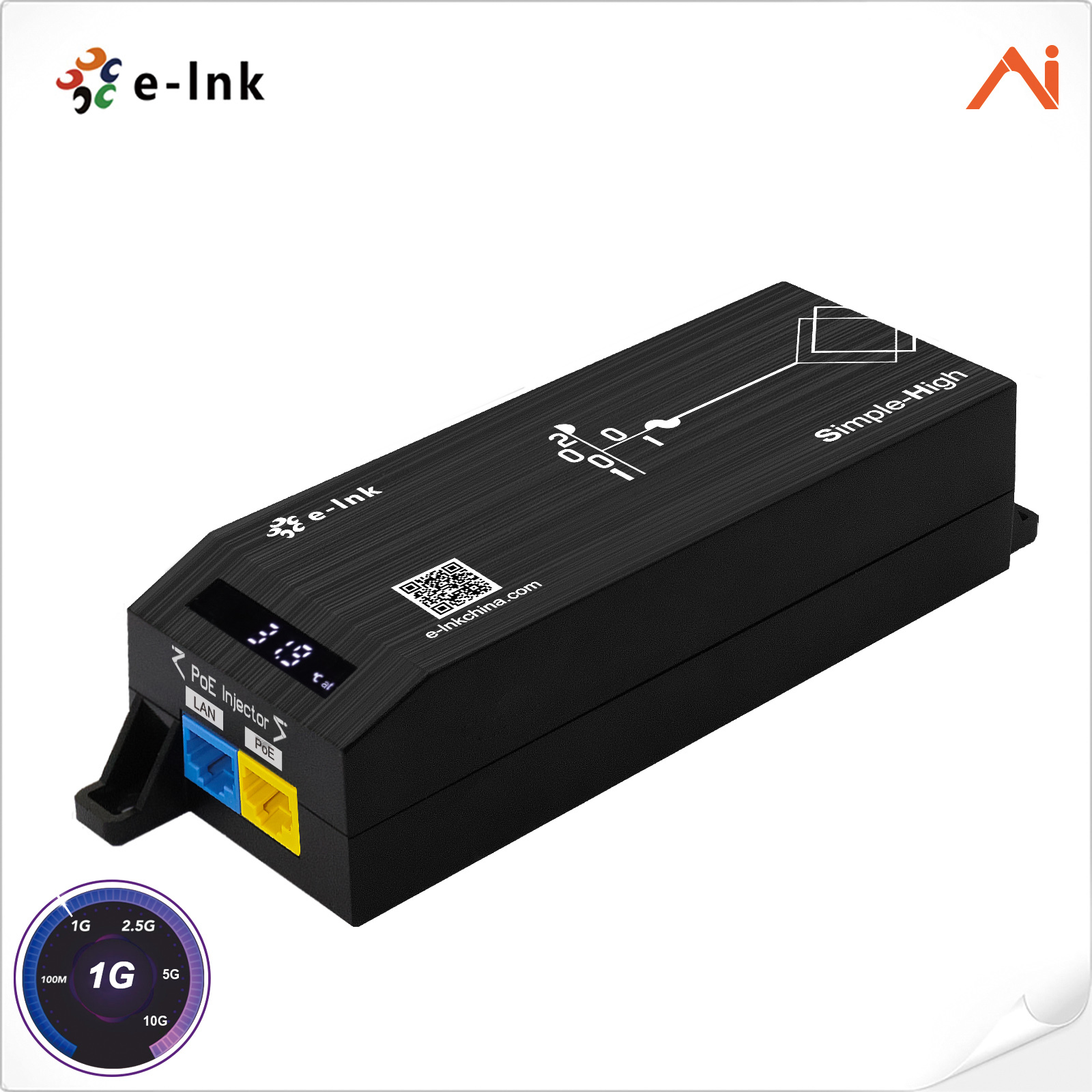 Quality AI Smart 1-Port Gigabit PoE+ 30W LED Display Industrial Wall-Mount PoE Injector for sale