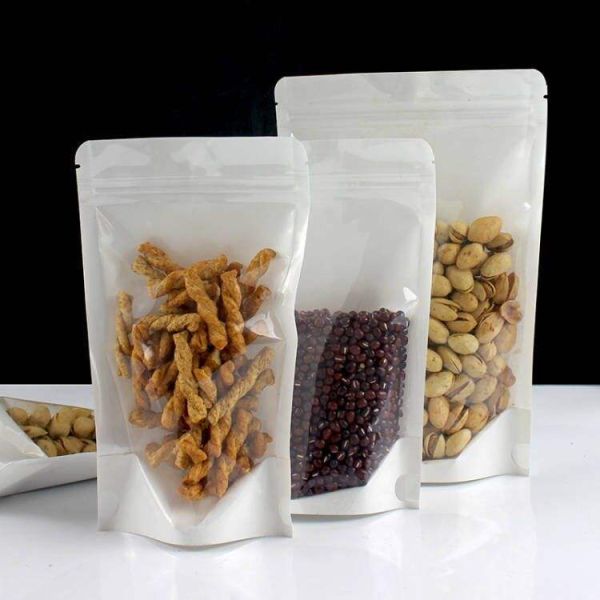 Quality Customizable White Kraft Paper Stand-up Pouches With Window For Food Packaging for sale