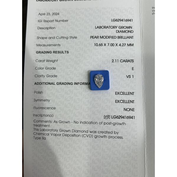 Quality 2.11CT E VS1 2EX CVD Pear Cut Lab Diamond IGI Certificated LG629416941 for sale