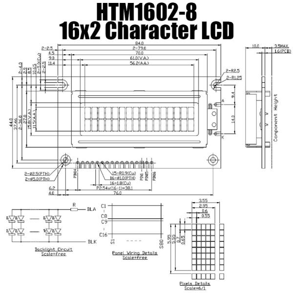Quality 2X16 LCM Character LCD Module With Green Backlight HTM1602-8 for sale