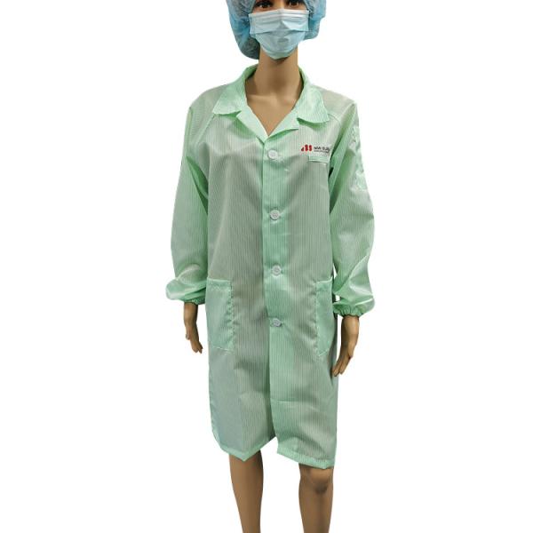 Quality 2 Side Pockets Lapel Collar Button 5mm Carbon Stripe ESD Cleanroom Gown Washable for sale