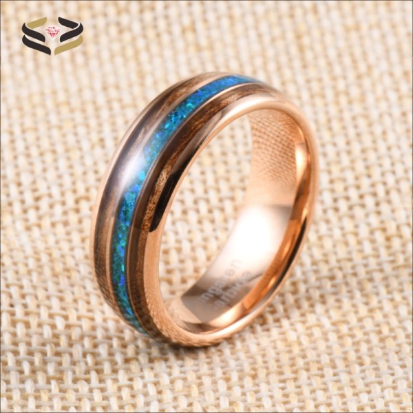 Quality Wood and Opal Inlay 8mm Tungsten Ring in Rose Gold for Fashionable Religious Style Wedding Band for sale
