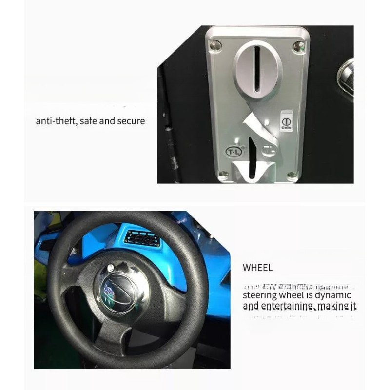 Close-up of racing game controls and steering wheel