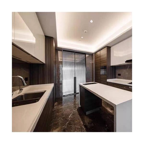 Quality Complete Glossy Melamine Board Kitchen Cabinet Set with Flat Edge Countertop for sale