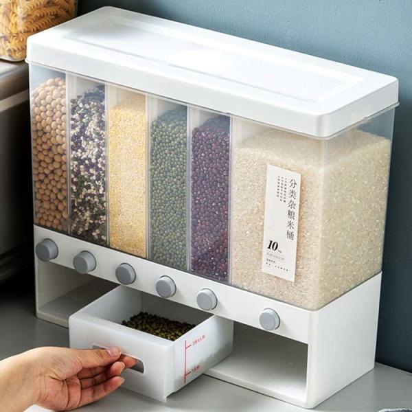 Quality Transparent Wall Mounted 6 Grid Cereal Dispenser With Measuring Cup for sale