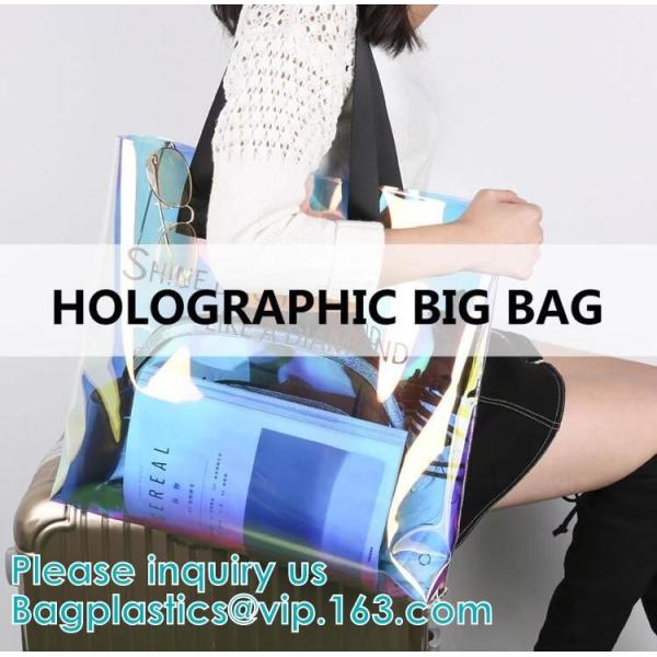 Quality Neon Rainbow Hologram PVC Tote Bag custom holographic handbag PVC handle beach bag,Cosmetic Makeup Travel Pouch,Zipper for sale