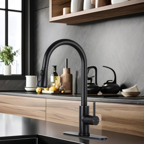 Quality Matte Black Kitchen Faucet with Pull-Down Sprayer and Contemporary Style Brass for sale