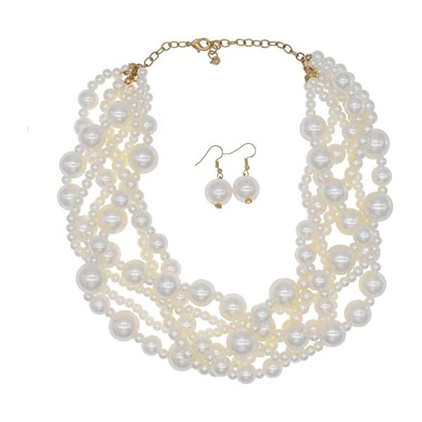 Quality Pearl Necklace and Earring Set Multi Strand Pearl Necklace Costume Jewelry Chunky Pearls Necklaces for Women for sale
