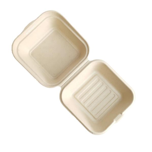 Quality Virgin 21g Disposable Hamburger Clamshell Box Sugarcane Bagasse Takeaway Boxes for sale