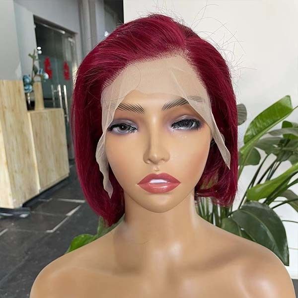 Quality 13X4 Frontal Full Human Hair Lace Front Bob Wigs Pixie Cut Human Hair 99J Wavy for sale