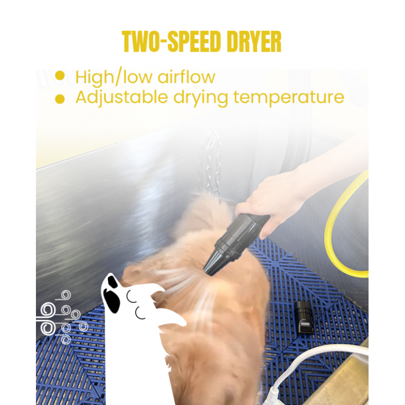 The hair dryer of this dog wash machine has 2 different speed 