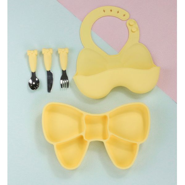 Quality Bow Knot Baby Feeding Suction Plate Cute Bib And Cartoon Spoon Fork Dish Sets for sale