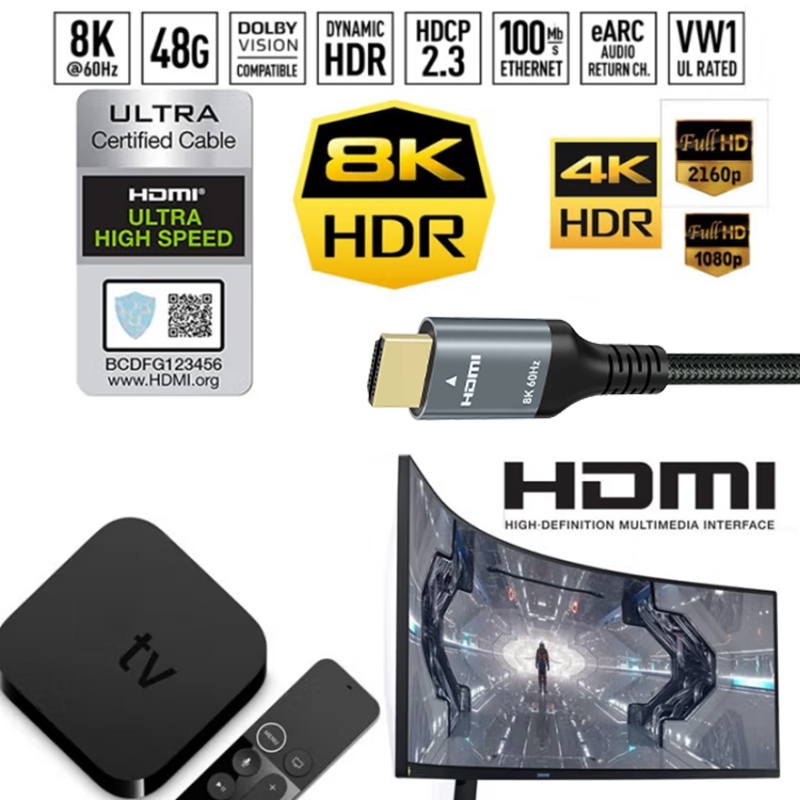 Quality 5M OEM 8K 60Hz HDMI2.1 Cable Durable Nylon Braided 48Gbps for sale