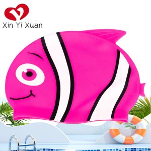 Quality children's swimming caps Stylish Silicone Swim Cap: Cute Cartoon Fish/Shark for sale