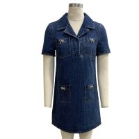 Quality Tailored Lapel Collar And Short Sleeve Denim Dress For A Polished Yet Casual for sale