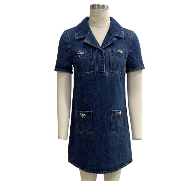 Quality Tailored Lapel Collar And Short Sleeve Denim Dress For A Polished Yet Casual Style for sale