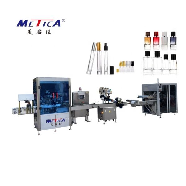 Quality 1800bph fully automatic perfume filling crimpping labeling boxing machine for sale