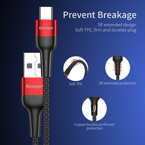 Quality Essager 5A Type C Fast Cable 1M 2M Fast Charging USB 2.0 Data Transfer Type C for sale