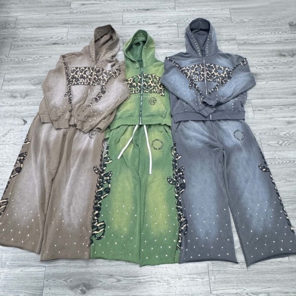 Quality Manufacturer Custom Rhinestone Baggy Sweatsuit Streetwear Tracksuit Leopard Print Acid Wash Flared Sweatpants and Hoodie Sets for sale