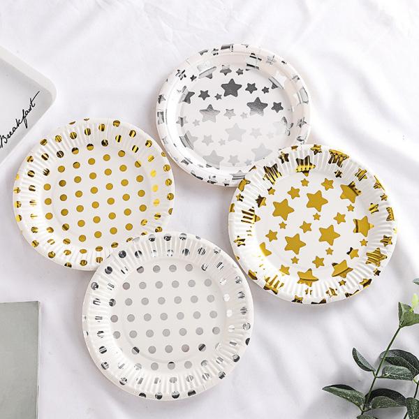 Quality 2023 Gold Polka Dots on Pink Background Disposable Paper Dinnerware Sets for for sale