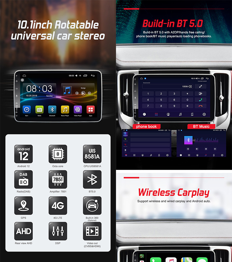 Universal Car Stereo Android 12 10.1inch Rotate Car Radio With Adjustable Viewing Angle