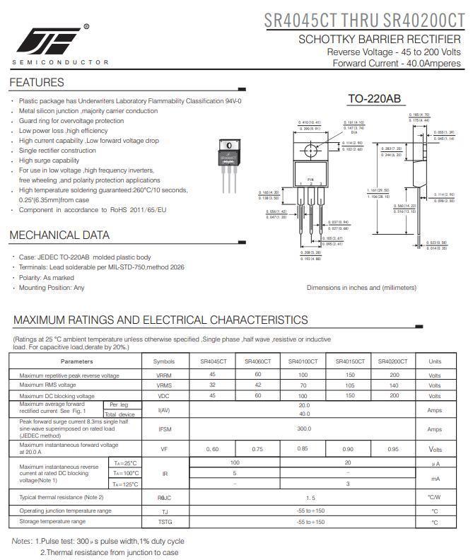 SR40150CT 150V/40A Schottky Rectifier Diode with TO-220AB