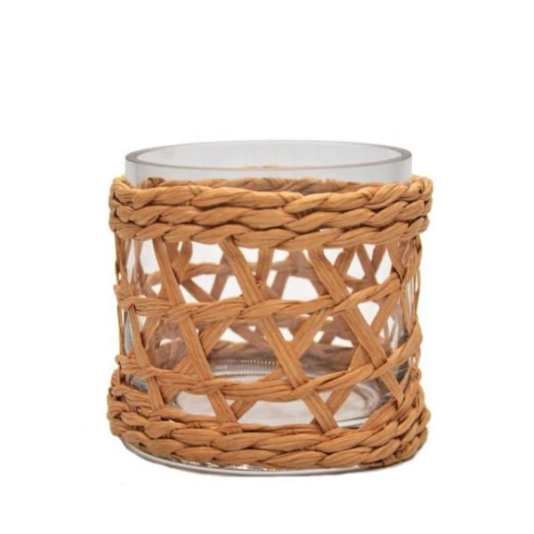 Quality Round Creative Glass Candle Holders With Wicker Sleeve for sale