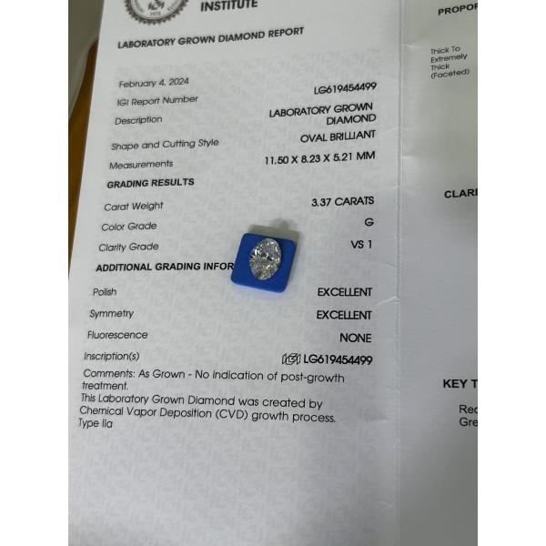 Quality 3.37ct Manmade Diamond Oval Brillant Cut CVD G VS1 2EX N IGI LG6169427133 for sale