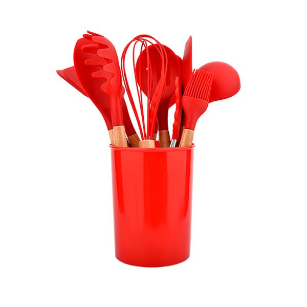 Quality Food Grade Silicone Kitchen Cookware Accessories Cooking Utensils Set With Natural Handles for sale