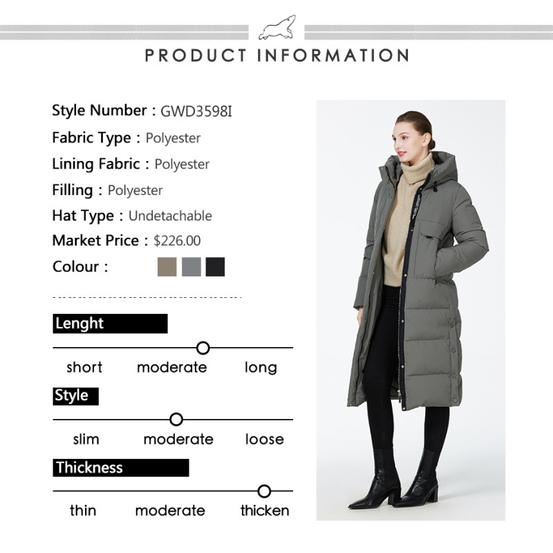 Gray-Green/Black/Light Brown Woman Winter Coat Long Down Jacket for Practicality and Warmth