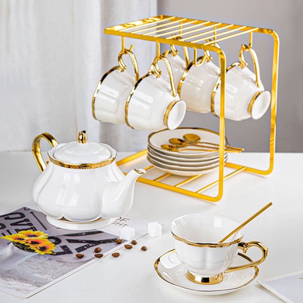 Quality Porcelain Tea Set For Ramadan Gift Sustainable Tea Cup Teapot Saucers And Plates Gold rimmed cups for sale