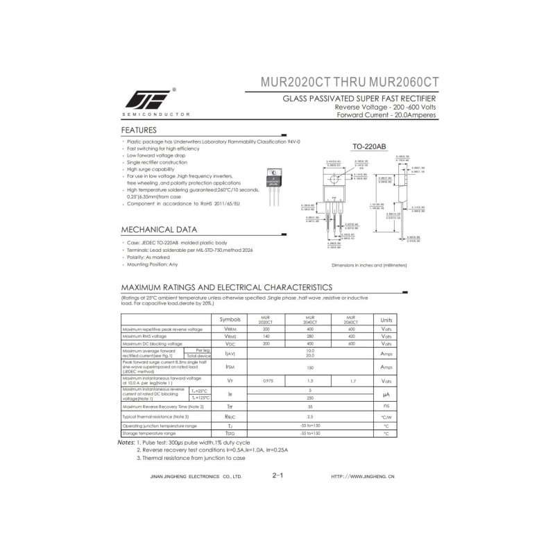 MUR2020CT/MUR2030CT/MUR2040CT/MUR2060CT TO-220AB SUPER FAST RECTIFIER DIODE