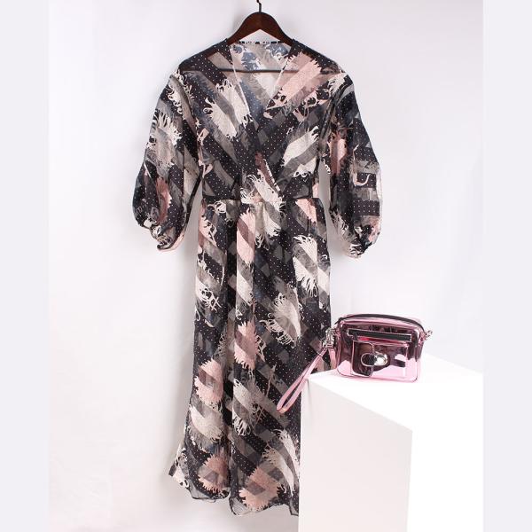 Quality Women V Neck Organza Stripe Polyester Maxi Dress for sale