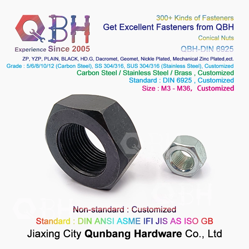 Qbh DIN6925 M3-M36 DIN 6925 Plain Black Yellow Blue Zinc Nickle Plated Hot DIP Galvanizing Dacr*Met Ge*Met Chrome Plating Wheel Hub Lock Hex Conical Nuts