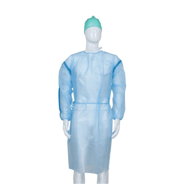 Quality Elastic Or Knitted Wrist SMS/PP+PE Disposable Medical Isolation Gown with blue tape for sale