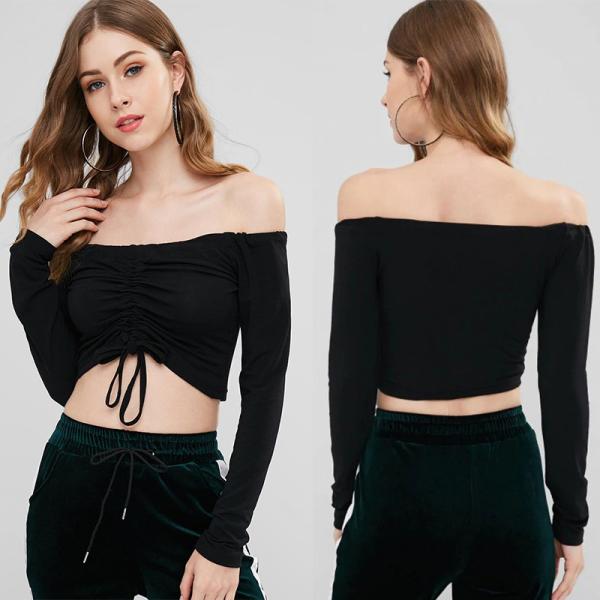 Quality Women Off Shoulder And Long Sleeve Drawstring Front Crop T-shirt for sale