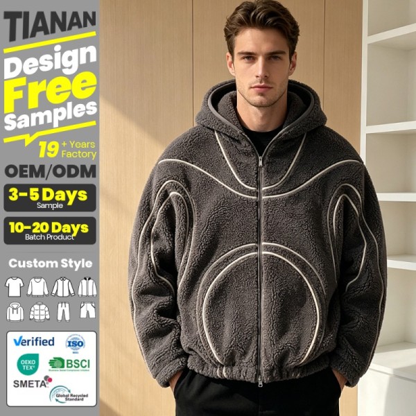 Quality Tianan Autumn Winter Fleece Hoodie Street Style Spliced Stripe High Neck Zipper Windproof Face Cover Comfort Jacket Hoodie for sale