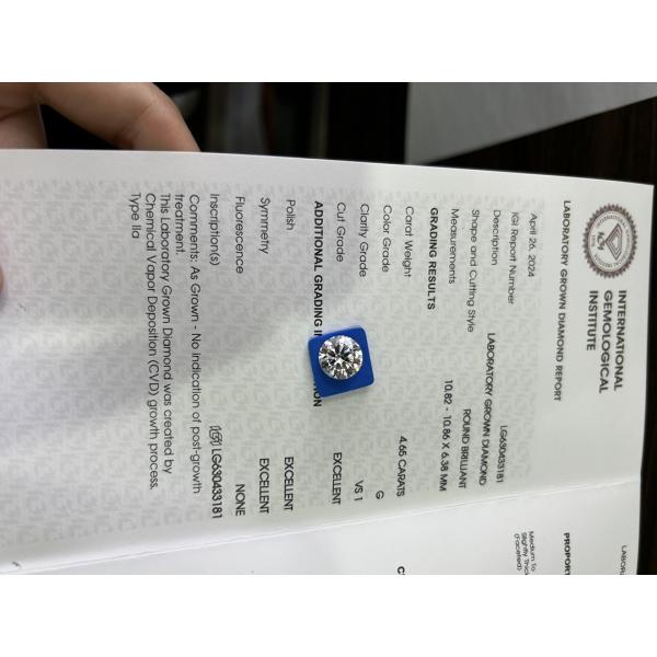 Quality 4.65CT G VS1 3EX Lab Grown Diamonds CVD Round Cut LG630433181 for sale