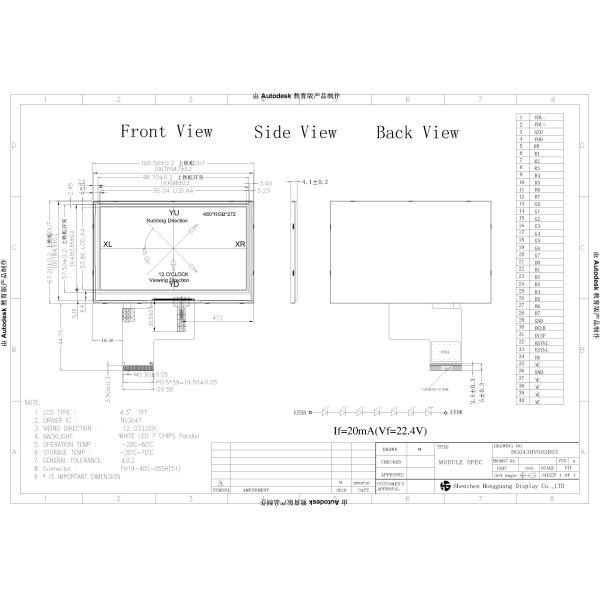 Quality 4.3 Inch TFT Resistive Touch Screen 480x272 RGB 40 PIN Interface for sale