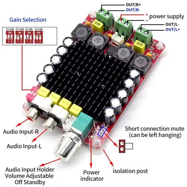 Quality Dual Channel 100W Output Audio Amplifier Board with DC14-34V Input and Class D for sale