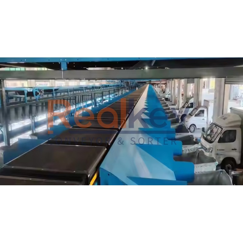 Realkey Cross Belt Sorter in operation showing parcel sorting process