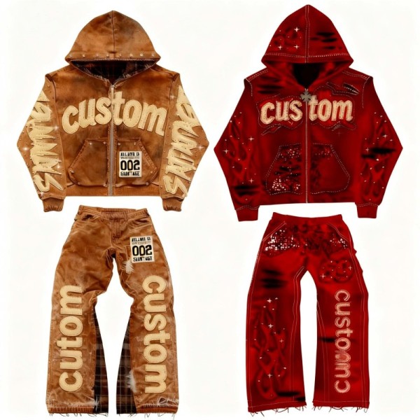 Quality Custom Acid Wash Flared Sweatpants and Hoodie Sets Embroidered Streetwear Tracksuit Vintage Heavyweight Cotton Zipper Sweatsuit for sale