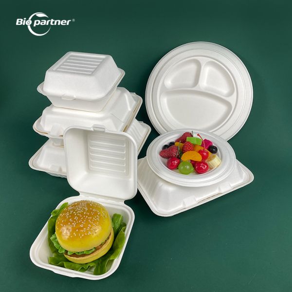 Quality Biodegradable Burger Lunch Box 3 Compartment Takeaway Bagasse Pulp Food Container for sale